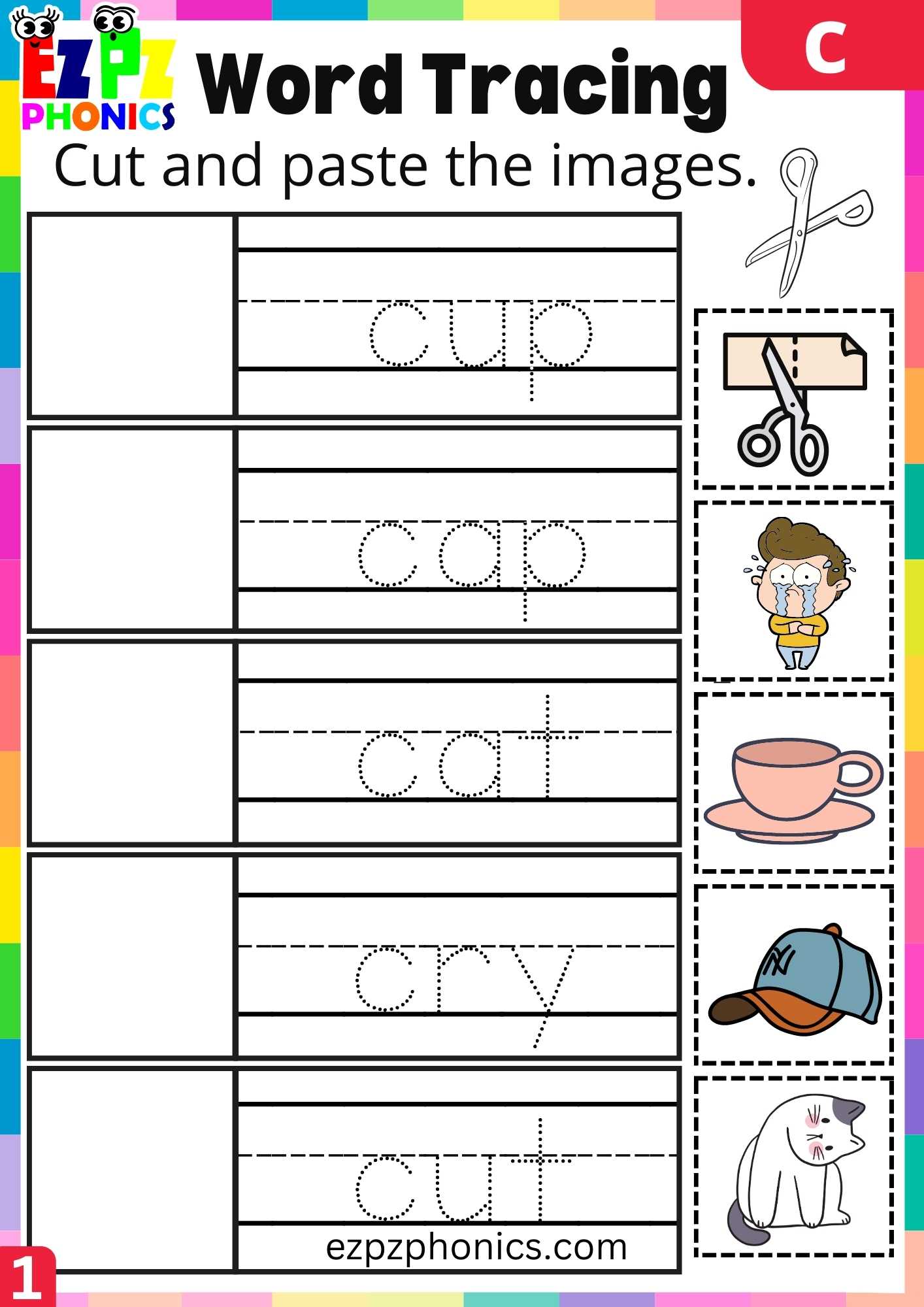 Letter C Word Tracing Beginning Sounds Worksheet - ezpzphonics.com